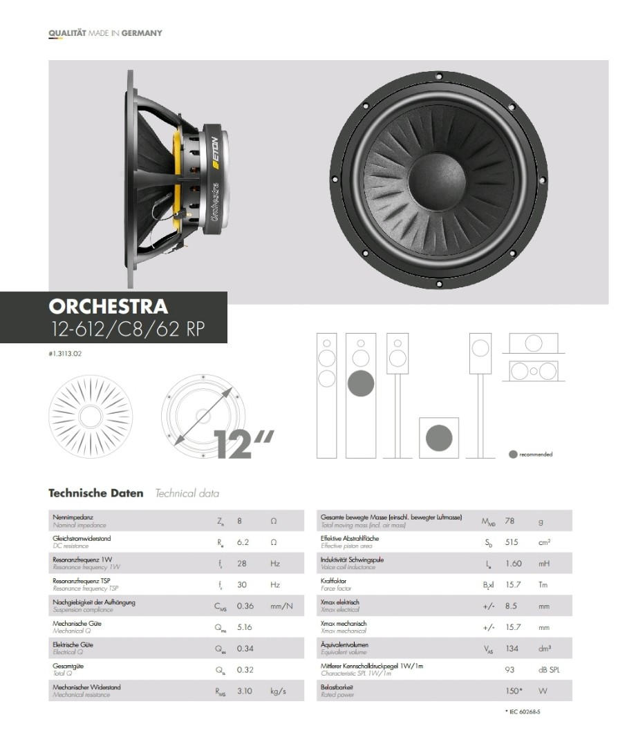 Eton 12" Orchestra Woofer 12-612/C8/62 RP, Audio, Other Audio Equipment ...