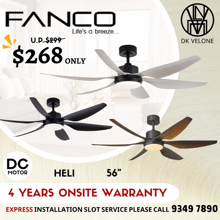 Fanco Heli 6 blade 56" DC Motor 5 speed Tri Color Led, Furniture & Home ...