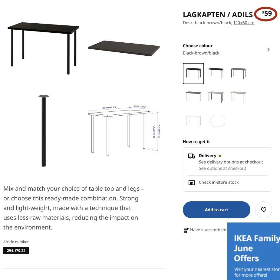 Ikea Study Office Computer Table Desk Linnmon 120 x 60 cm and Adils ...