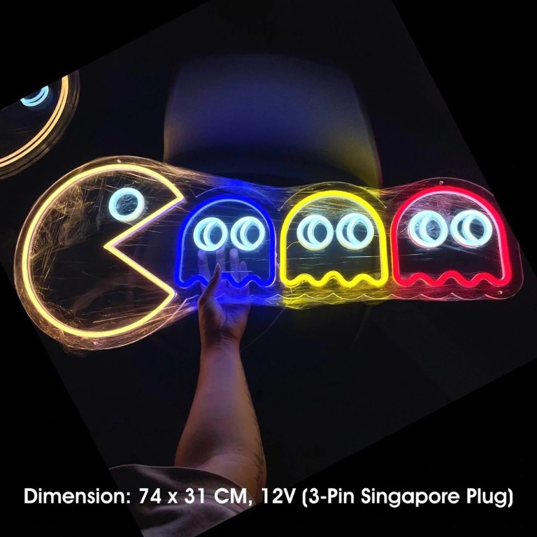 Large Pacman Pac Man Game Ghost Room LED Neon Light, Furniture & Home ...