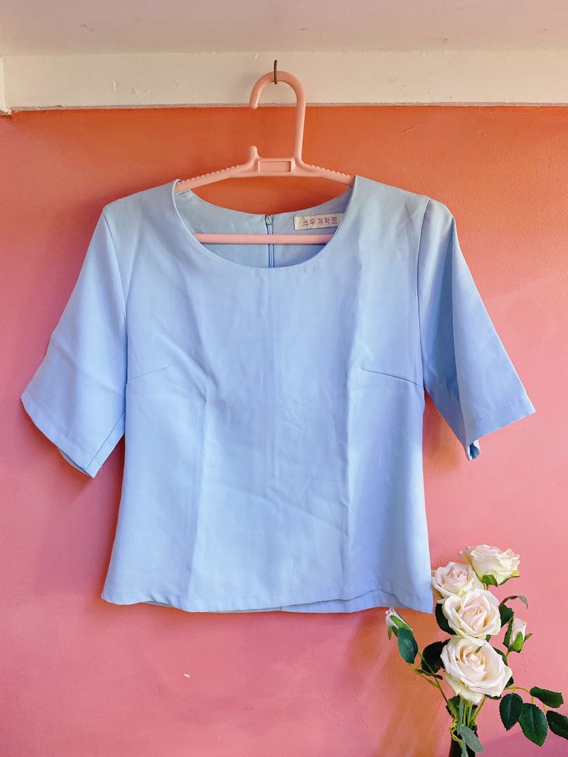 light blue/sky blue korean top, Women's Fashion, Tops, Blouses on Carousell
