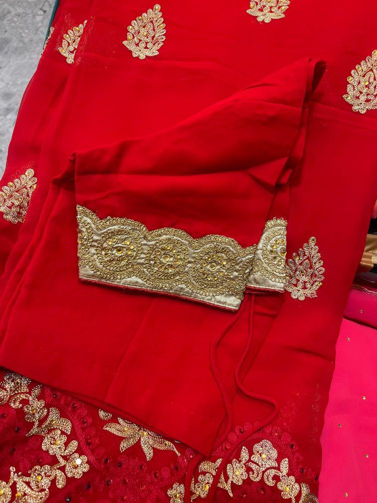 Red Saree with Gold Threading $30, Women's Fashion, Dresses & Sets ...