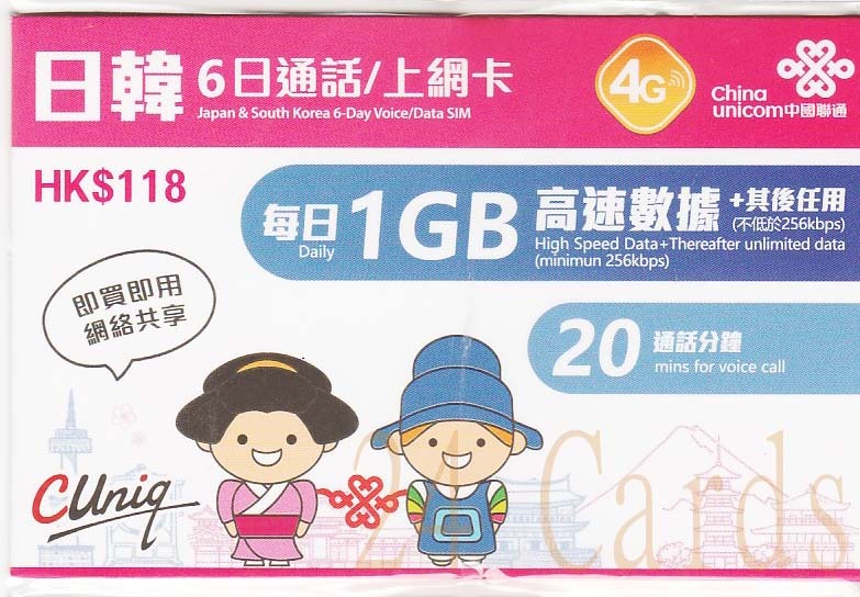 {荃灣24Cards} 聯通4G 日本韓國 6日 每日1GB無限上網+20MIN通話卡 (另有e-sim )包平郵售65 3張起荃灣門市現金63, 手提電話, 電話及其他裝置配件, Sim 卡 ...