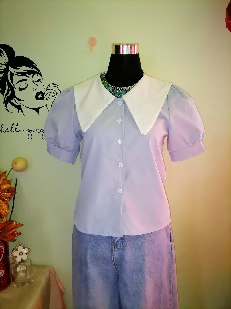 Classy Powder Blue Collar Top, Women's Fashion, Tops, Blouses on Carousell