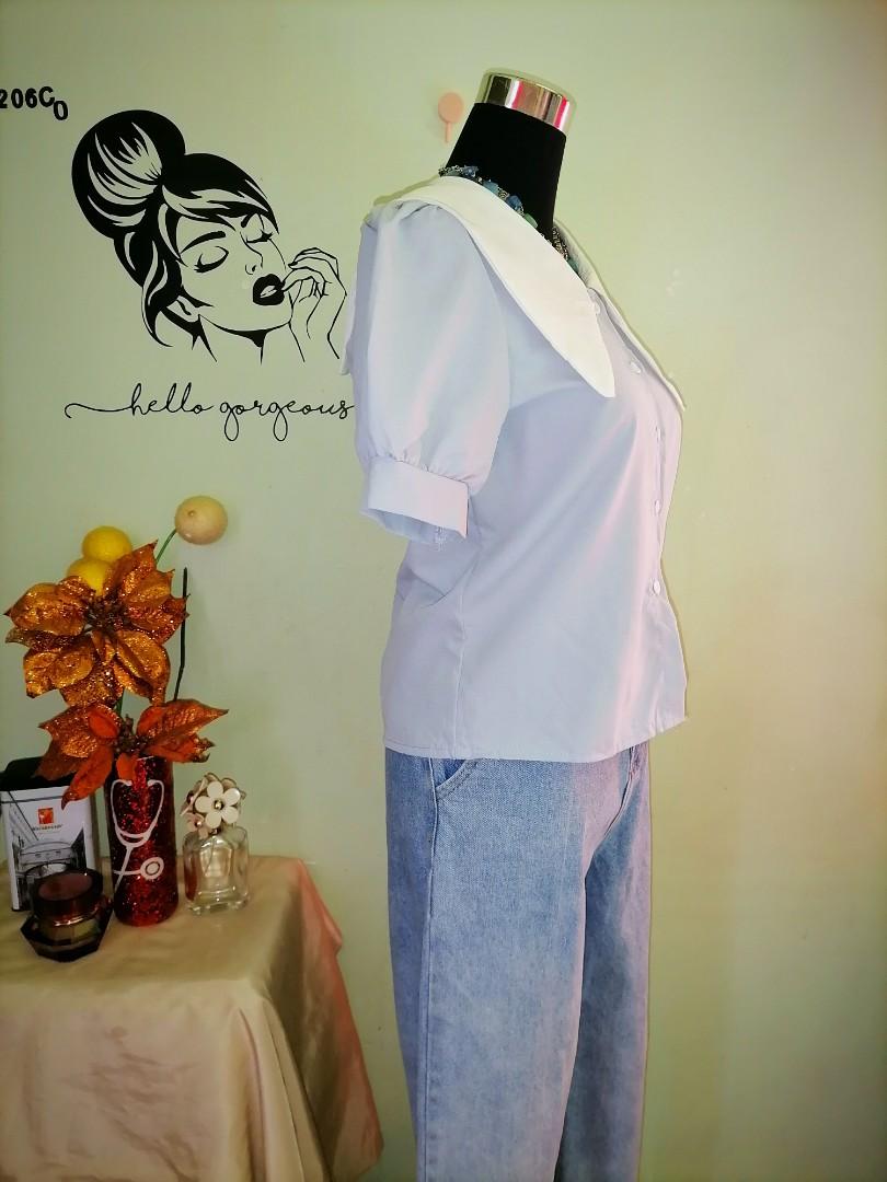 Classy Powder Blue Collar Top, Women's Fashion, Tops, Blouses on Carousell
