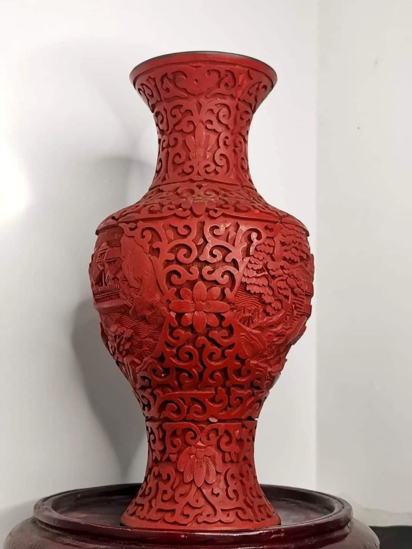 VINTAGE CHINESE RED CINNABAR VASE JINGDEZHEN REPRODUCTION, Hobbies ...