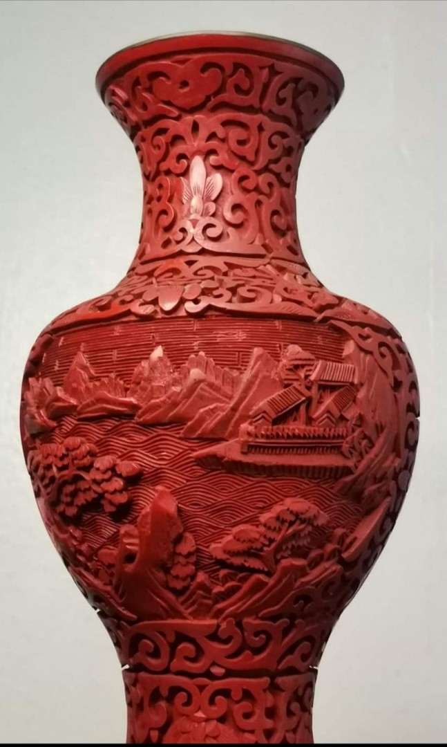 VINTAGE CHINESE RED CINNABAR VASE JINGDEZHEN REPRODUCTION, Hobbies ...