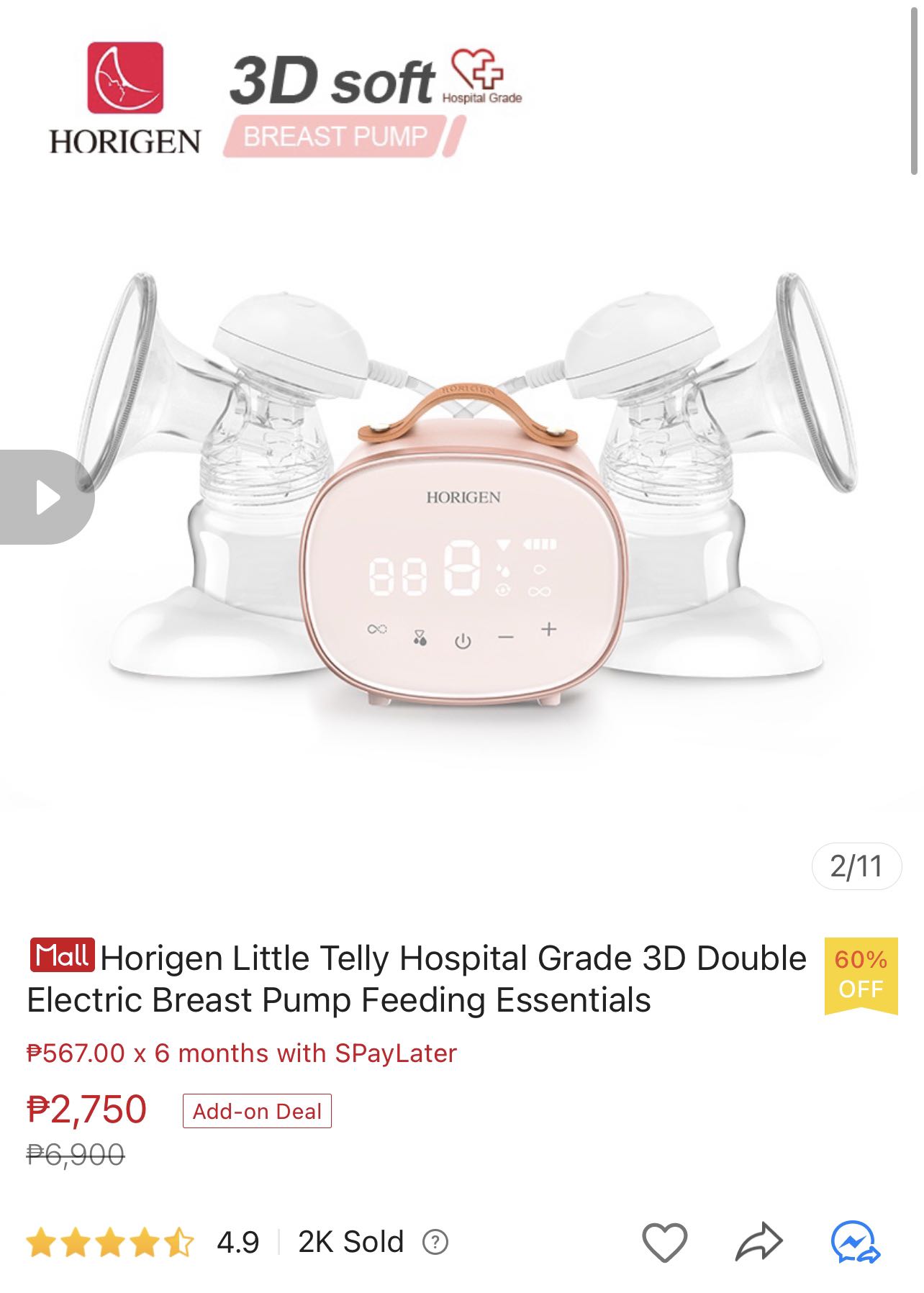 Horigen Little Telly Hospital Grade 3D Double 60% Electric Breast Pump ...