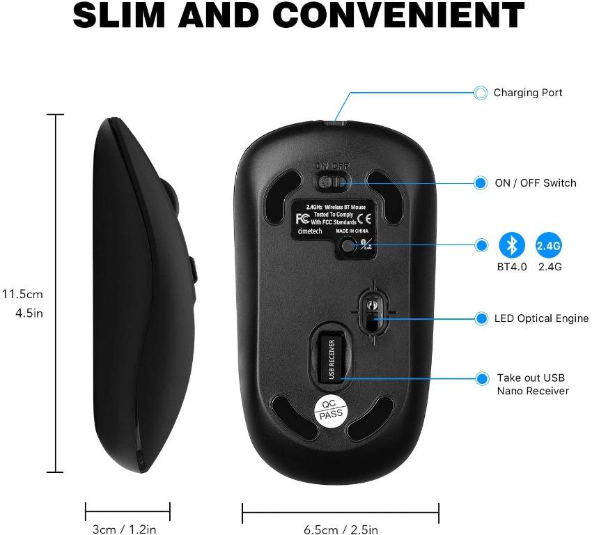 "Rechargeable Bluetooth Wireless Mouse, cimetech BT4.0/2.4G Cordless ...