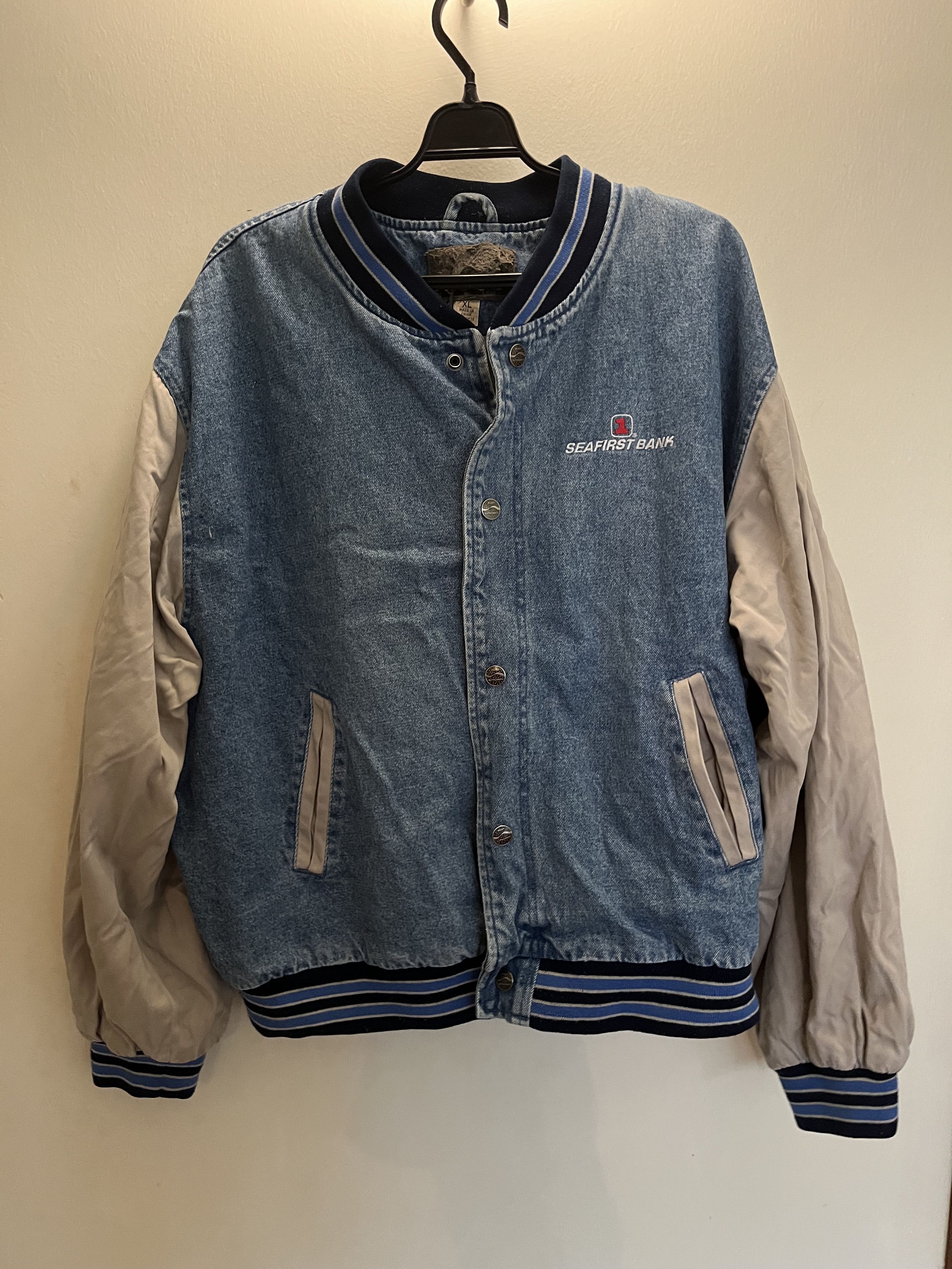 vintage seafirst bank denim varsity jacket, Men's Fashion, Coats ...
