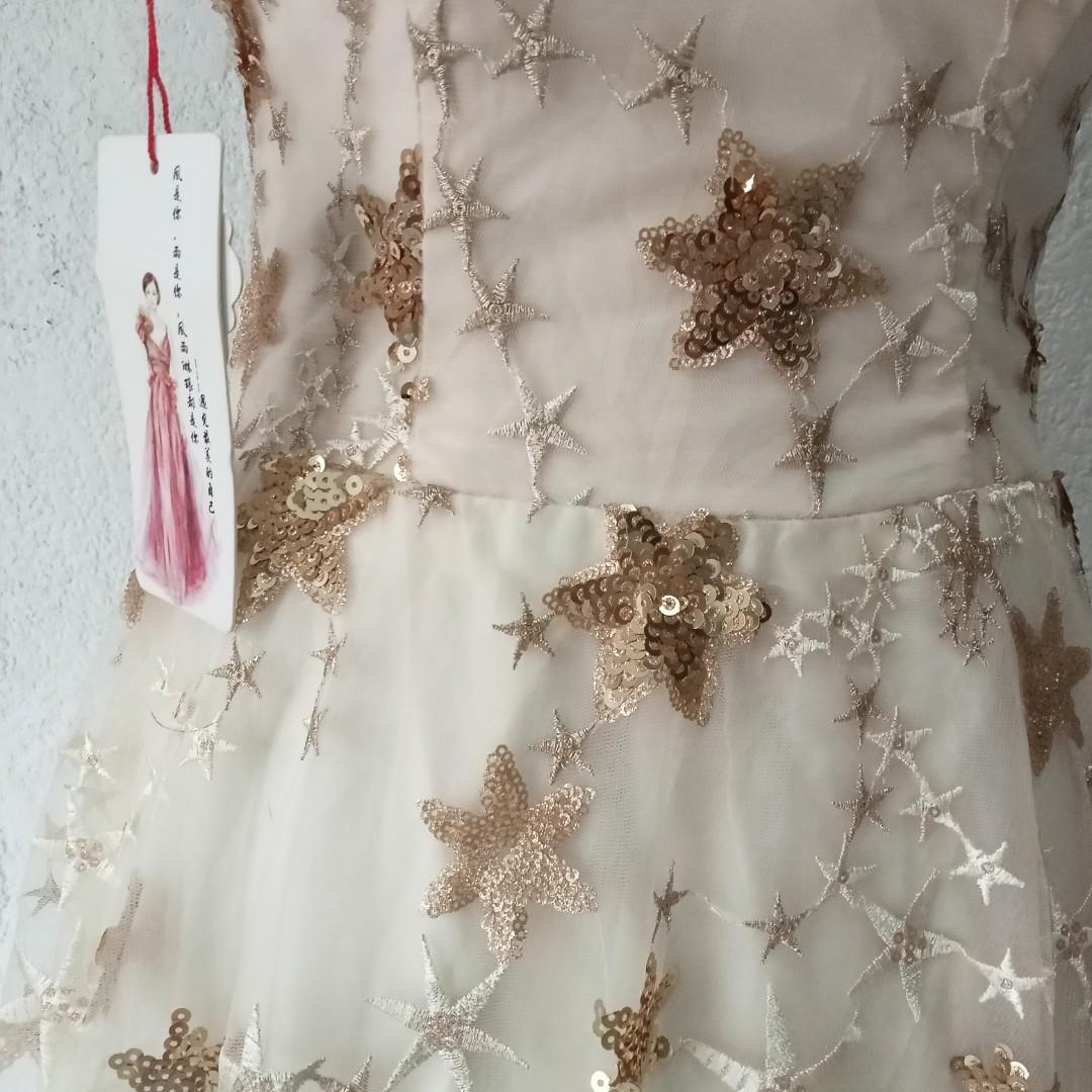 Gold gown self tie gown shoulder tie gown sparkly gown sequined gown ...