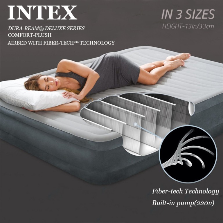 INTEX DURA-BEAM DELUXE SERIES COMFORT-PLUSH HIGH-RISE AIRBED IN-HOME W/FIBER-TECH, Furniture ...