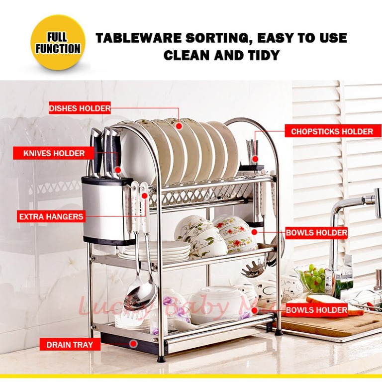 SUS 304 Stainless Steel Dish Rack Kitchen Rack, Furniture & Home Living ...