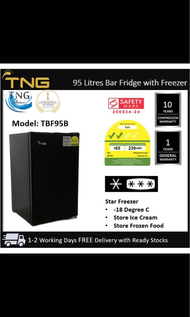 TNG 95 Litres Bar Fridge - Black - Refrigerator with star freezer, TV ...