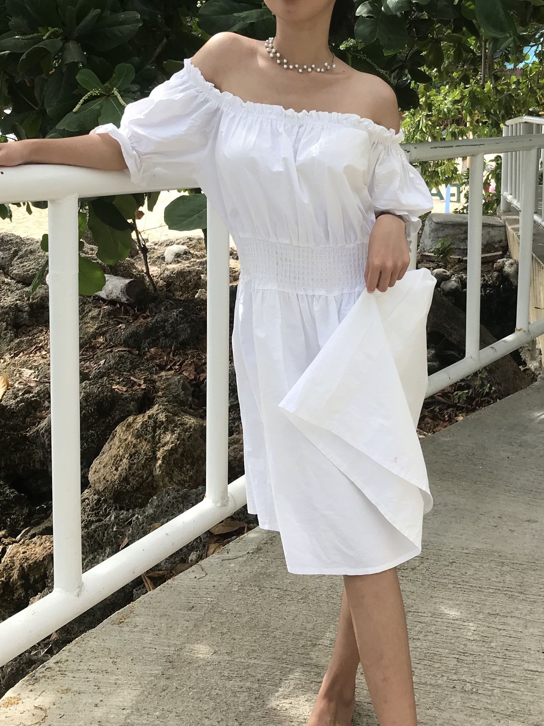 White Off Shoulder Puff Sleeve Stretchable Dress, Women's Fashion ...