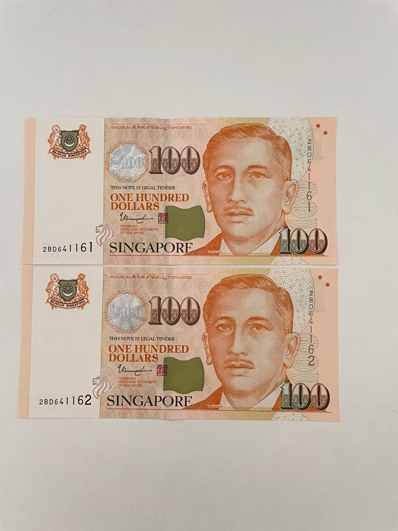 2x 100 dollars singapore notes running numbers, Hobbies & Toys ...