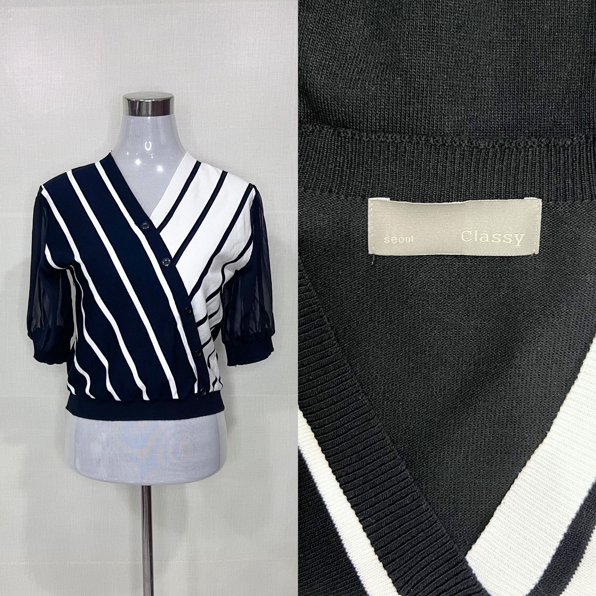 Classy Stripes Knit Blouse, Women's Fashion, Tops, Blouses on Carousell