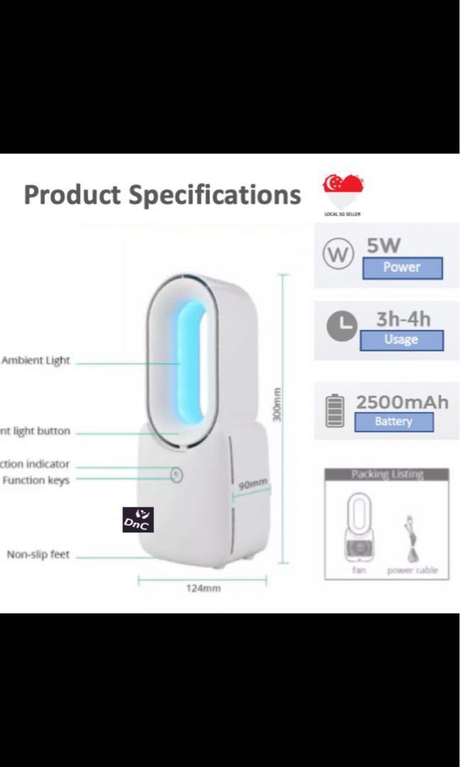 Bladeless Fan Table & Bedside Fan No Blade Fan Portable with Ambient ...