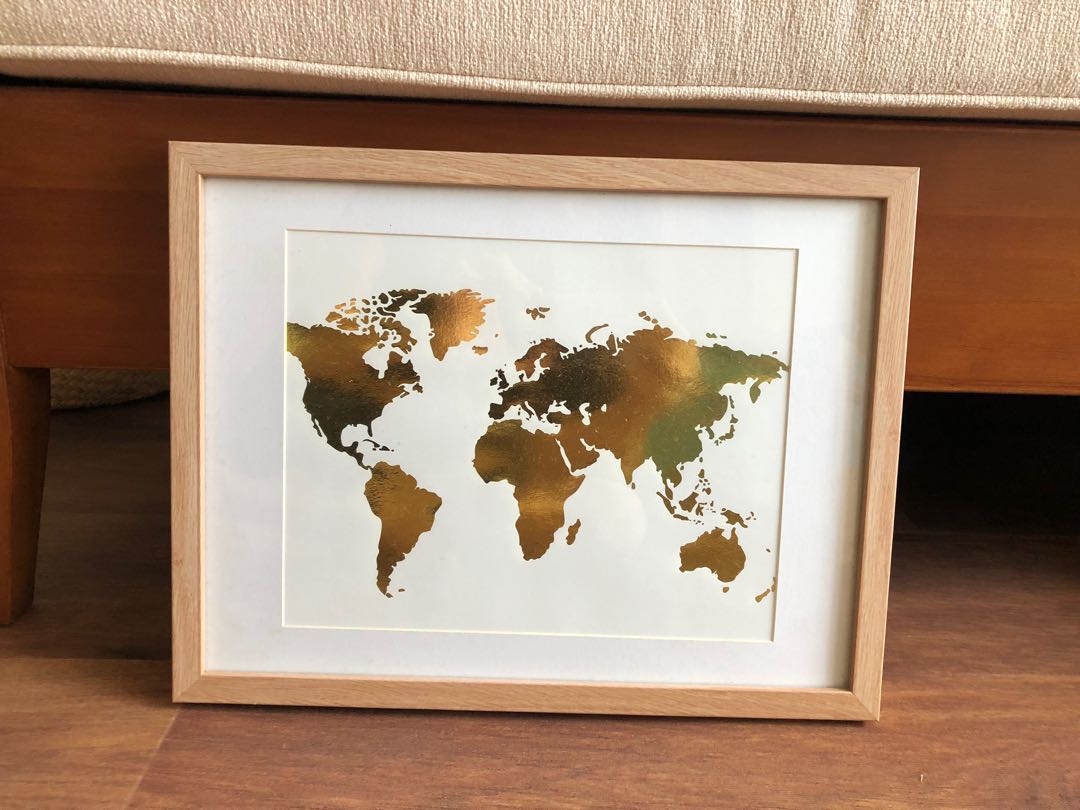 Gold world map, Furniture & Home Living, Home Decor, Frames & Pictures ...