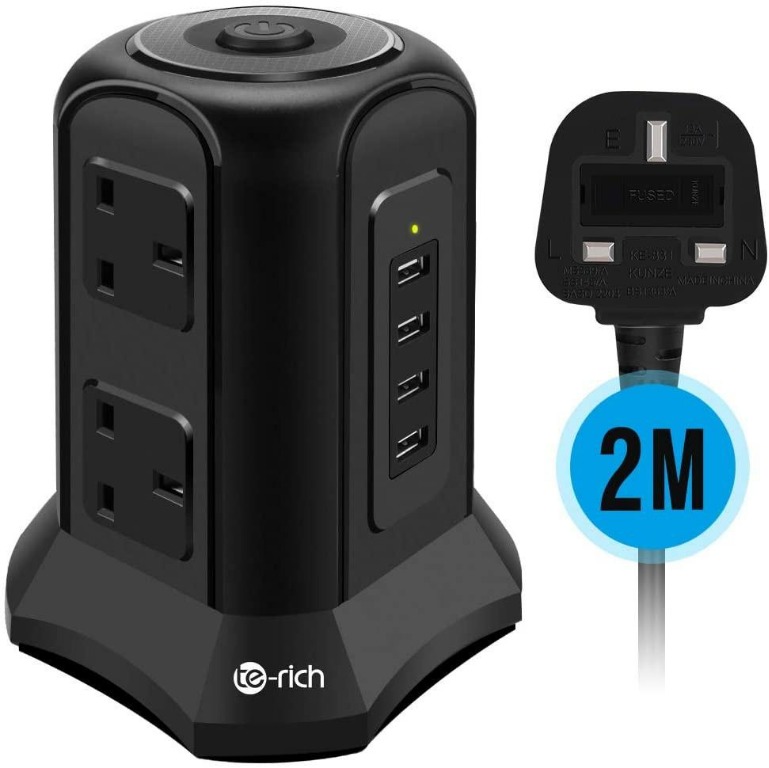 Tower Extension Lead, Te-Rich 10amp 6-Socket Surge Protector Multi Plug ...