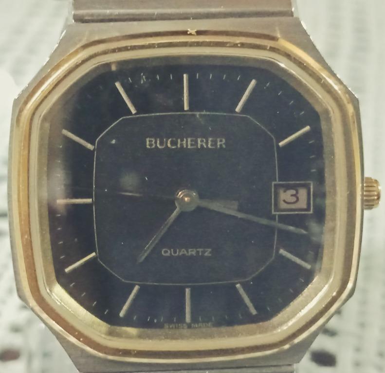VERY RARE! Bucherer Quartz Mens Two Tone Silver Gold Band Analog Swiss ...