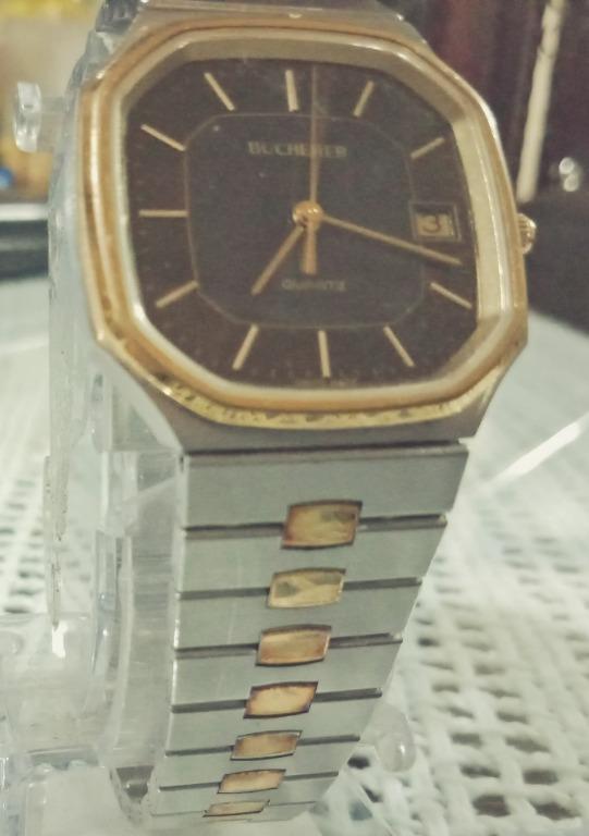 VERY RARE! Bucherer Quartz Mens Two Tone Silver Gold Band Analog Swiss ...