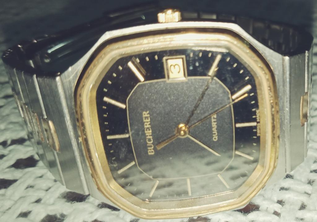 VERY RARE! Bucherer Quartz Mens Two Tone Silver Gold Band Analog Swiss ...