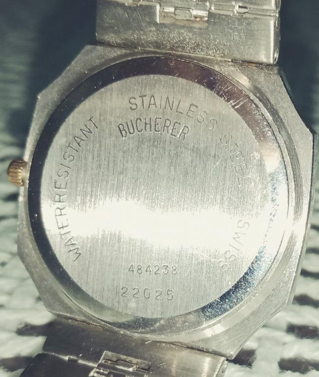 VERY RARE! Bucherer Quartz Mens Two Tone Silver Gold Band Analog Swiss ...