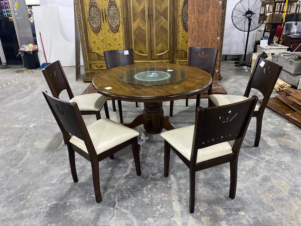 Wooden Round Dining Table with Rotating Center with 6 Chair Set / Meja ...