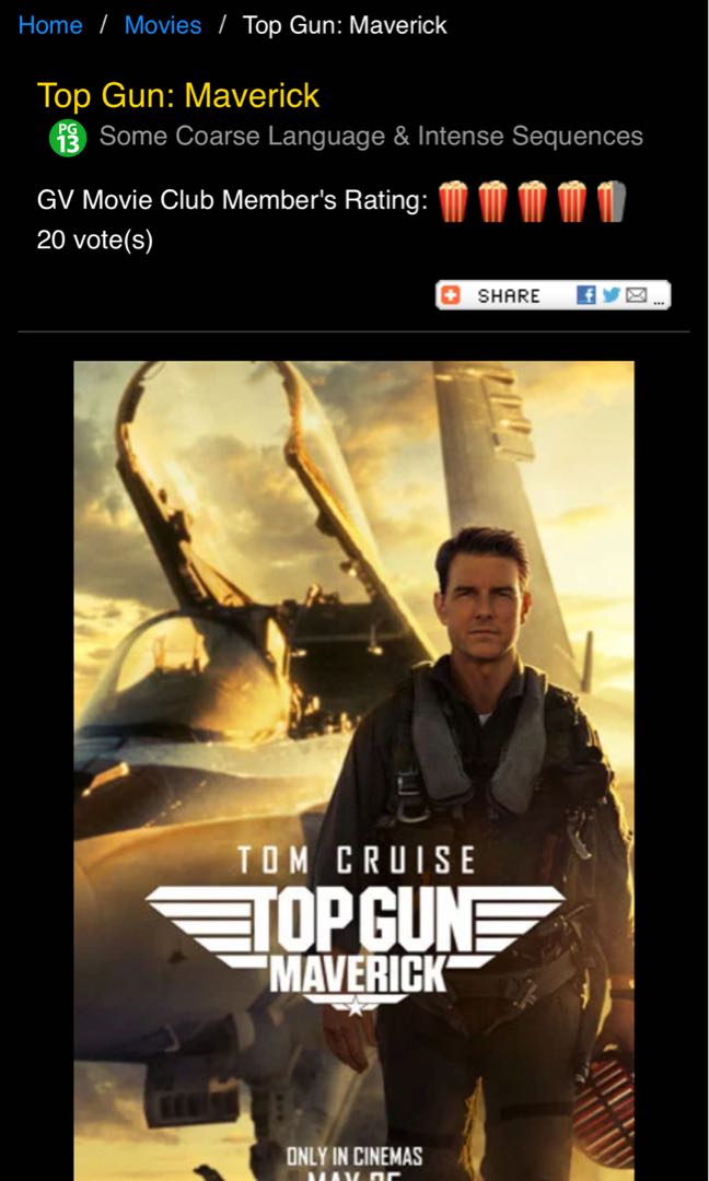 4 Movie ticket top gun Saturday 10pm half price - Bishan , Tickets ...