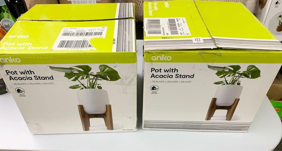 Anko Pot with Acacia Stand, Pair, Furniture & Home Living, Gardening ...