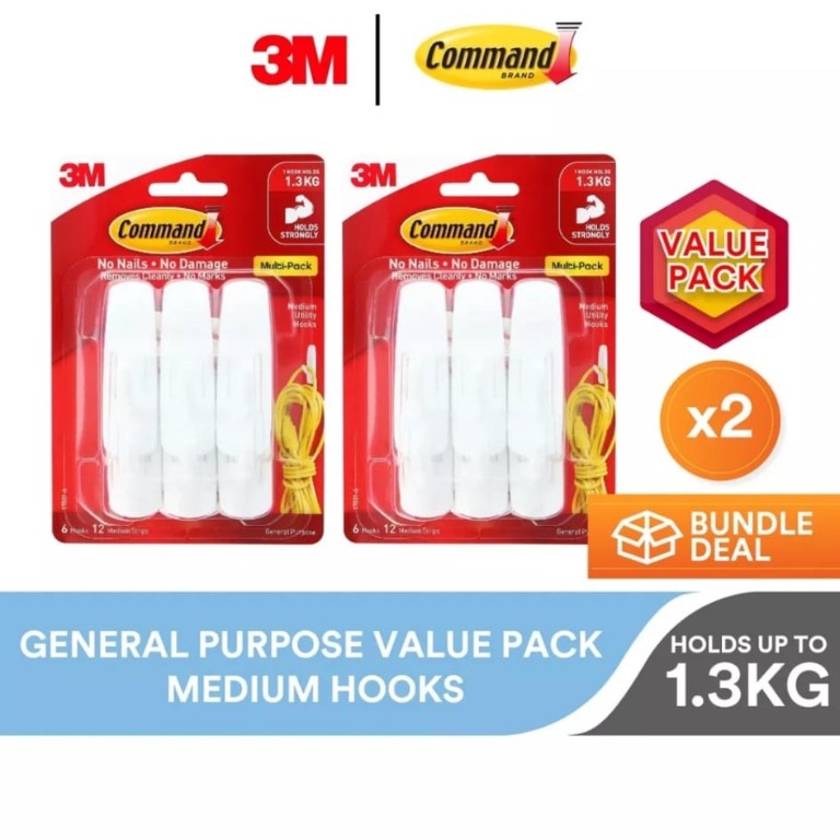 【BUNDLE OF 2】3M Command Medium Utility Hooks Value Pack 17001-6 ...