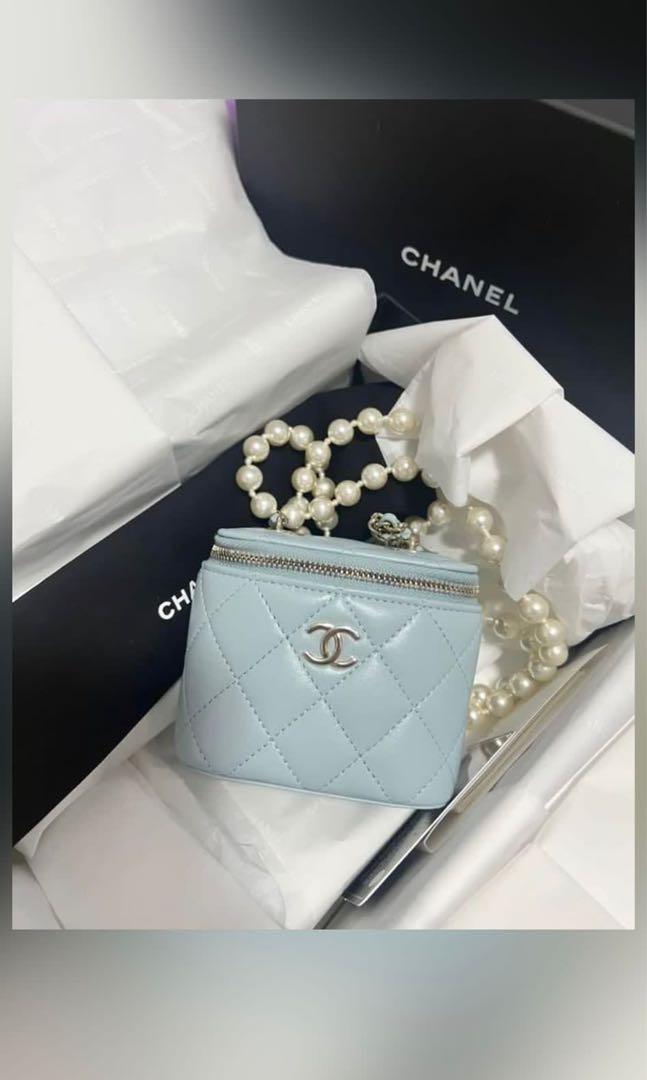 CHANEL BABY BLUE PEARL STRAP VANITY, Women's Fashion, Bags & Wallets ...