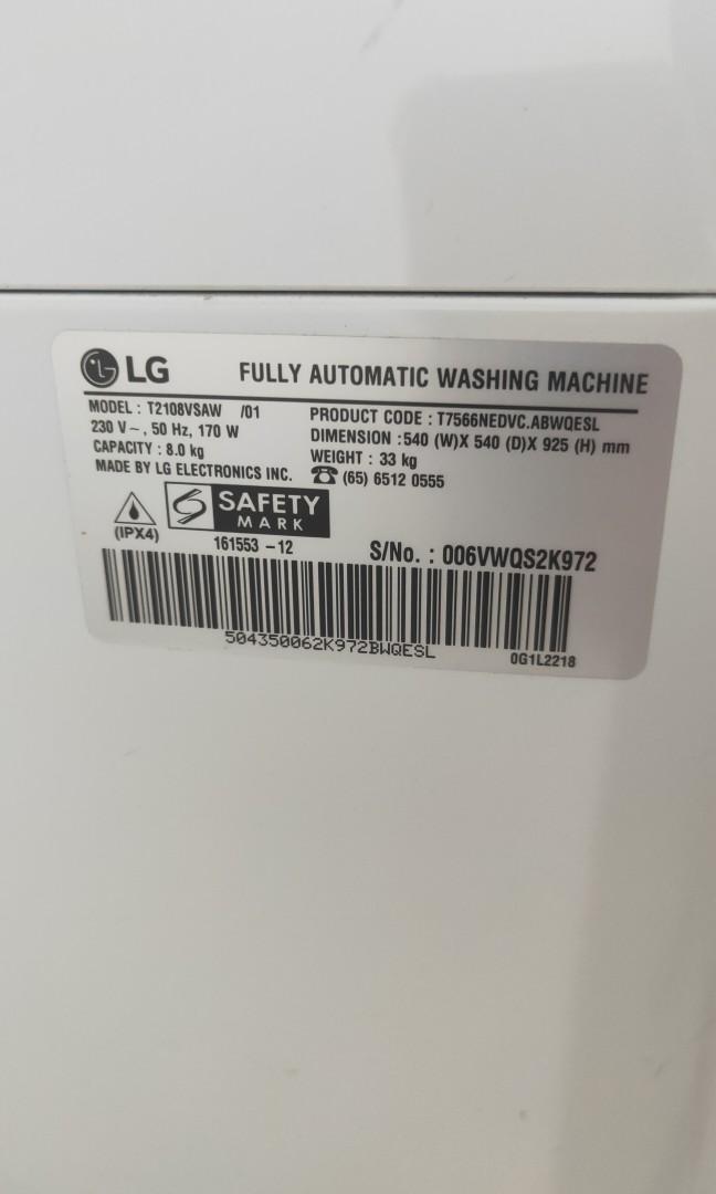 LG T2108VSAW top load washer 8kg, TV & Home Appliances, Washing ...