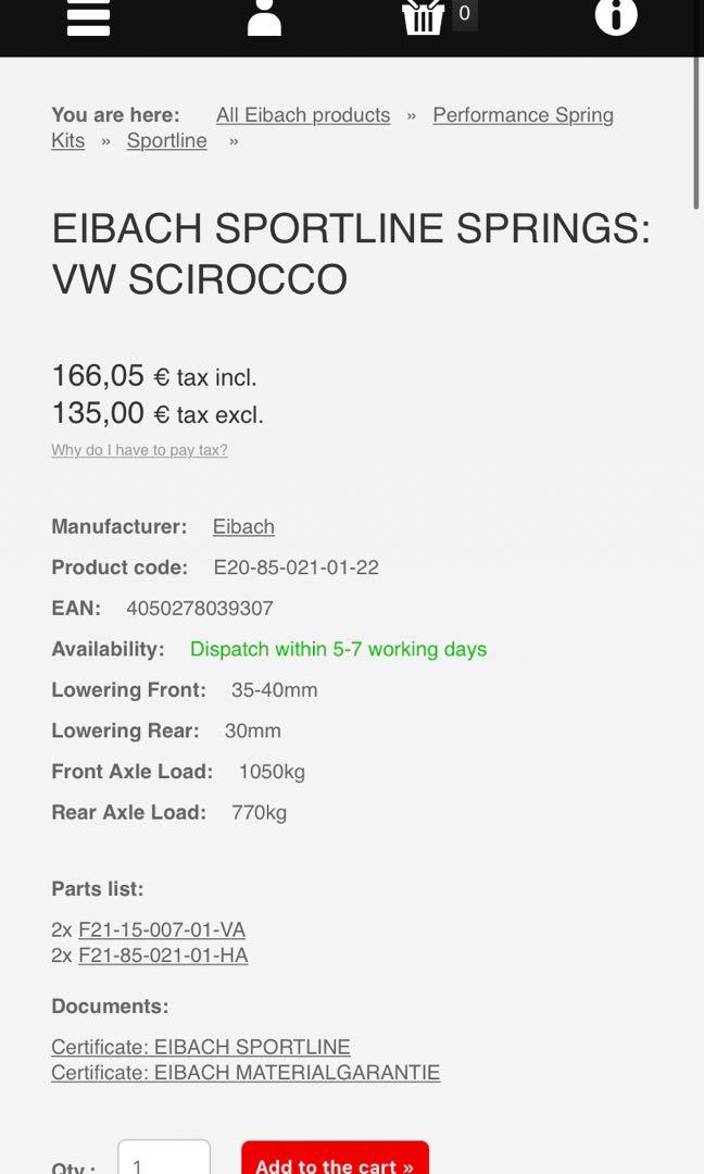 VW Scirocco Eibach Sportline Lowering Springs, Car Accessories ...