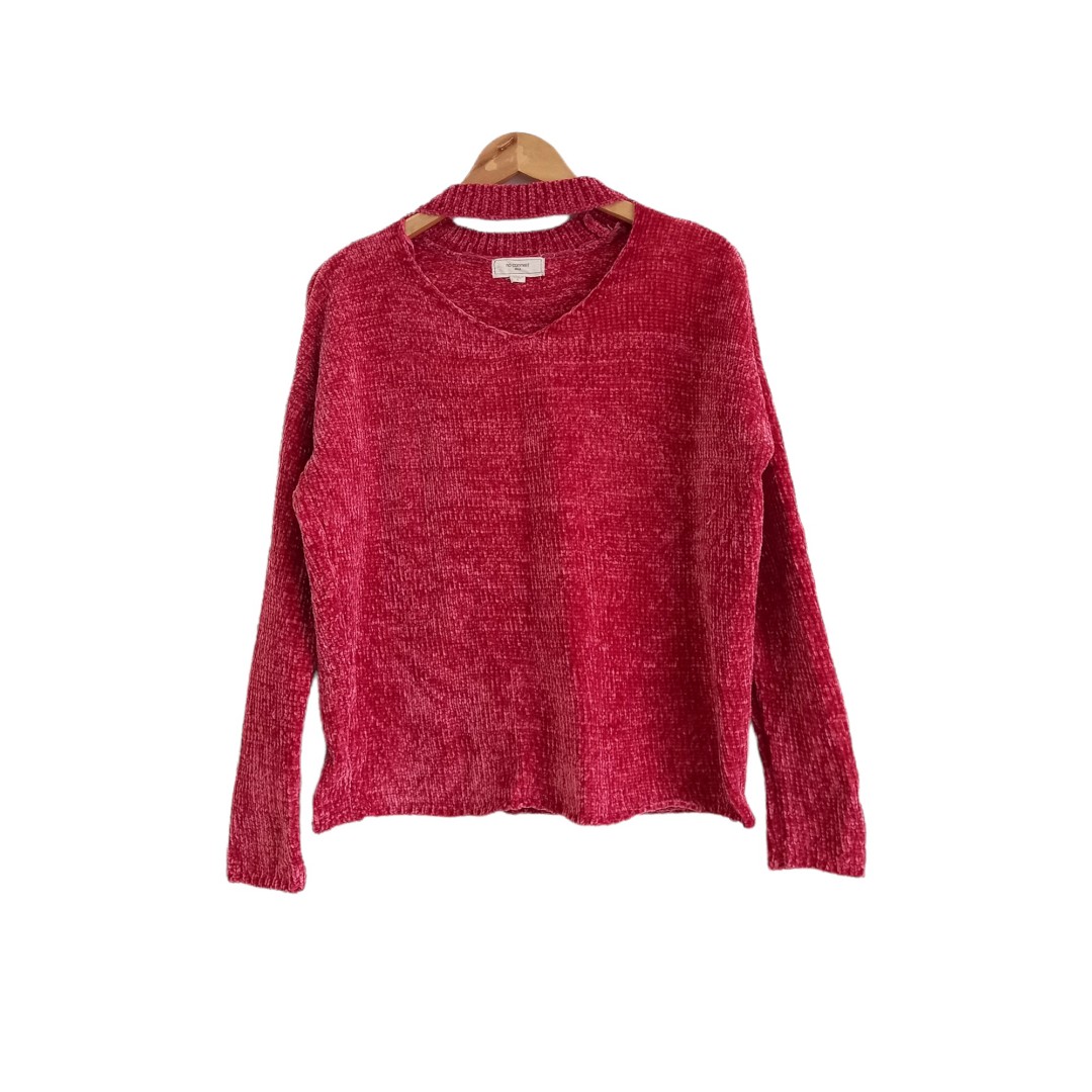 Warm red neck cut out chenille sweater, Women's Fashion, Coats, Jackets ...