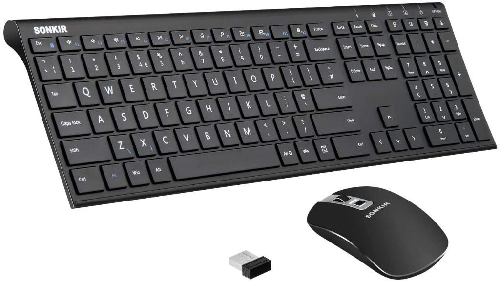 Wireless Keyboard and Mouse, Sonkir K-18 2.4GHz Ultra Thin Rechargeable Full Size Keyboard with ...