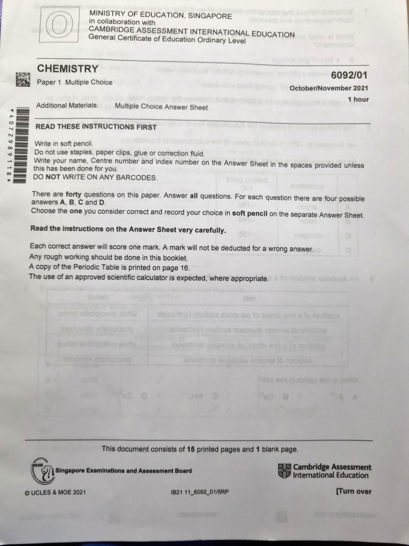 2021 o level chem paper 1, Hobbies & Toys, Books & Magazines ...
