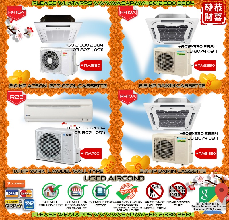 2HP Acson / 2HP-3HP Daikin Cassette Type Second Hand AC9633 / 1HP York ...