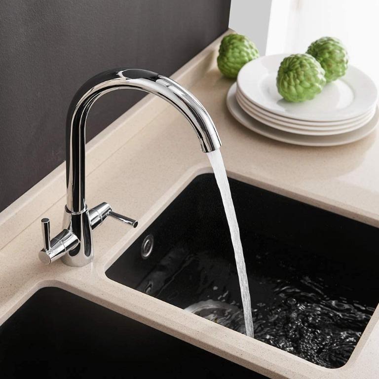 Heable Kitchen Mixer Tap Dual Lever Swivel Spout Chrome Sink Taps With