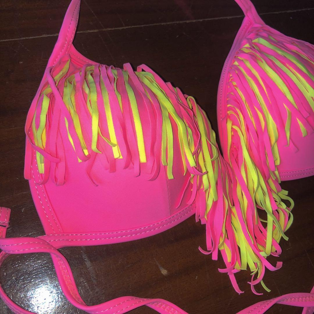 Neon pink fringe bikini top, Women's Fashion, Swimwear, Bikinis ...