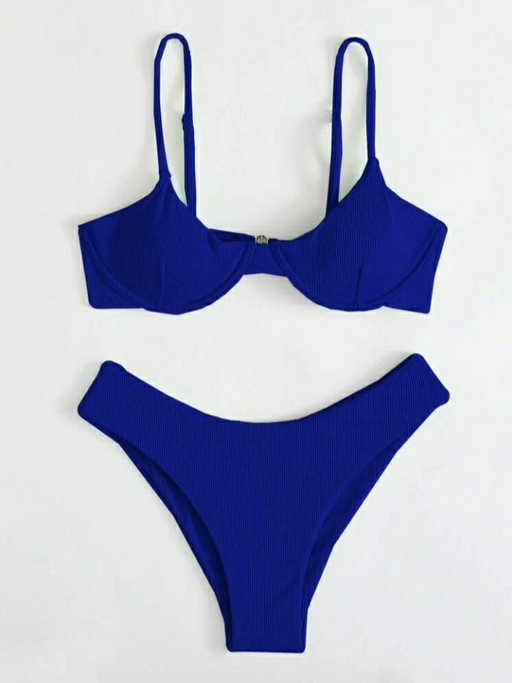 Shein Royal Blue Rib Underwire Bikini Womens Fashion Swimwear Bikinis And Swimsuits On Carousell