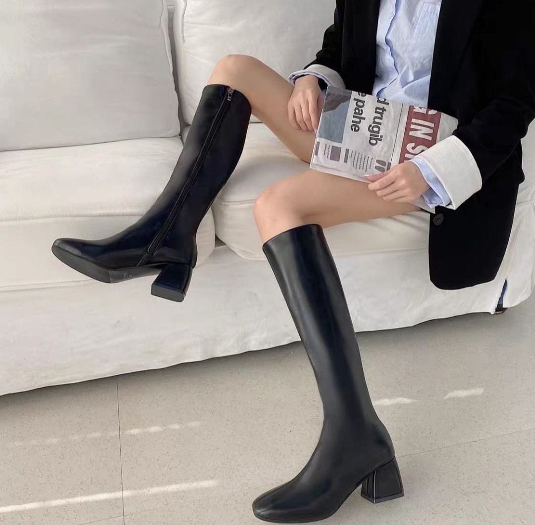 Stylenanda Korean Knee High Cut Point Toe Black Block Heel Boots, Women ...
