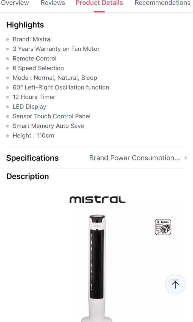 3 month old Mistal tower remote fan, TV & Home Appliances, Air ...