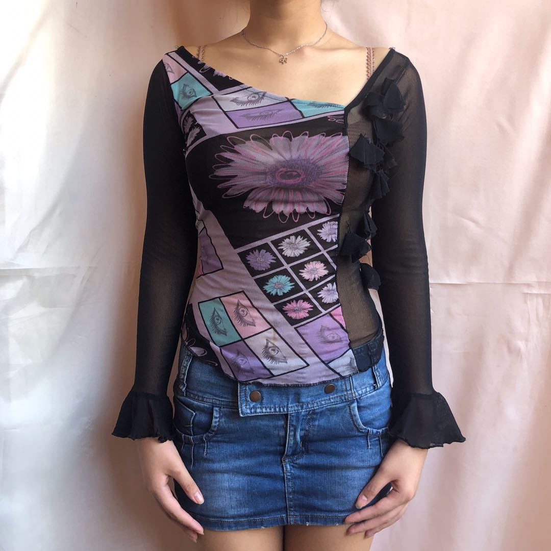 eye graphic mesh top, Women's Fashion, Tops, Longsleeves on Carousell