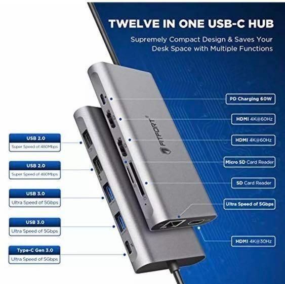FireSale (No Box)Fitfort USB Type C Hub Pro 12 in 1 Triple 4K HDMI ...