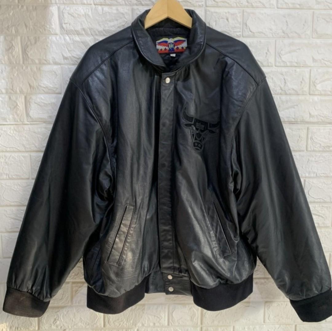 JAKET VINTAGE JEFF HAMILTON CHICAGO BULLS BLACK ON BLACK LEATHER JACKET, Fesyen Pria, Pakaian ...