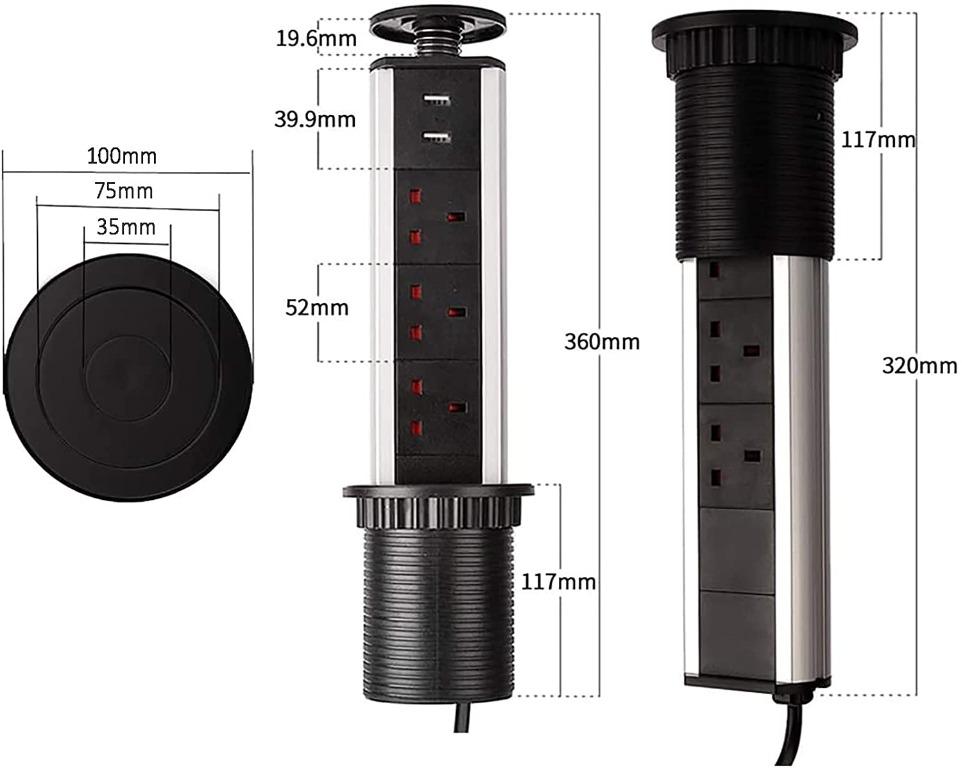 Kitchen Pull Pop Up Sockets for Worktop Desktop with 3 Power Sockets ...
