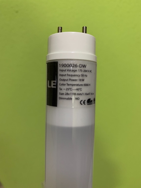 LED Tube 18W T8 4ft, Brilliant Daylight White, Type B Single Ended (set ...