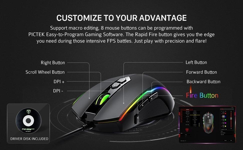T16 Wired Gaming Mouse 8 Programmable Buttons Chroma RGB Backlit 7200 ...